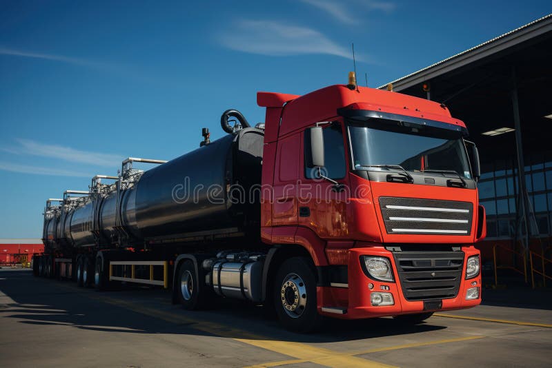Photo of a Red Semi Truck Parked in Front of a Building Stock ...
