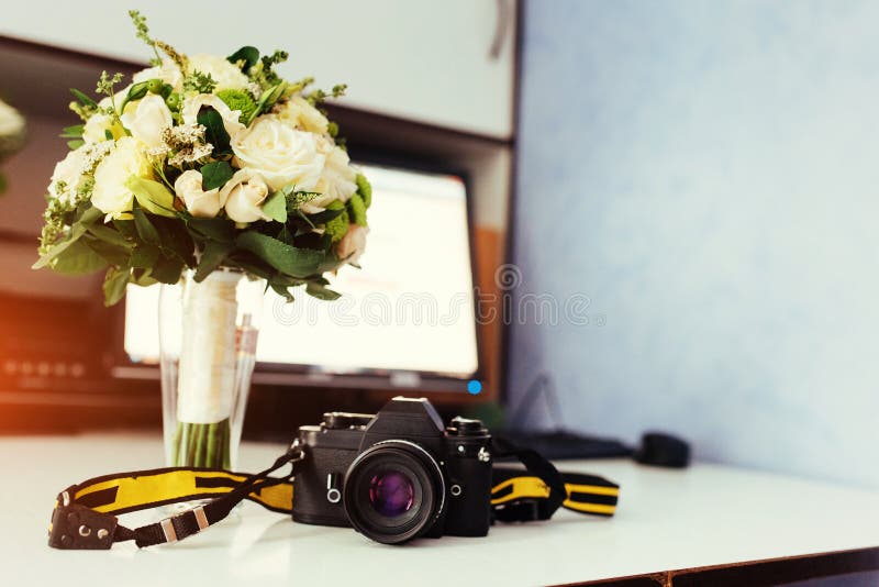 Photo Retro Camera on a Table with Different Objects Stock Photo ...