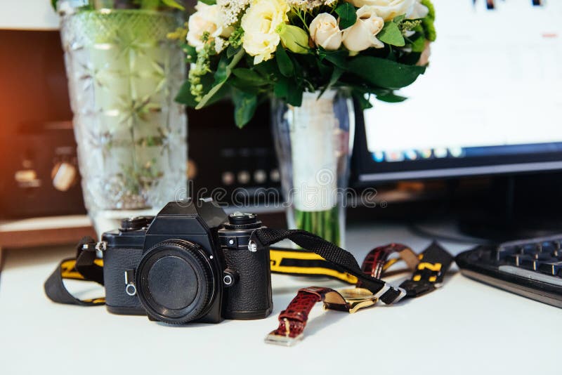 Photo Retro Camera on a Table with Different Objects Stock Photo ...