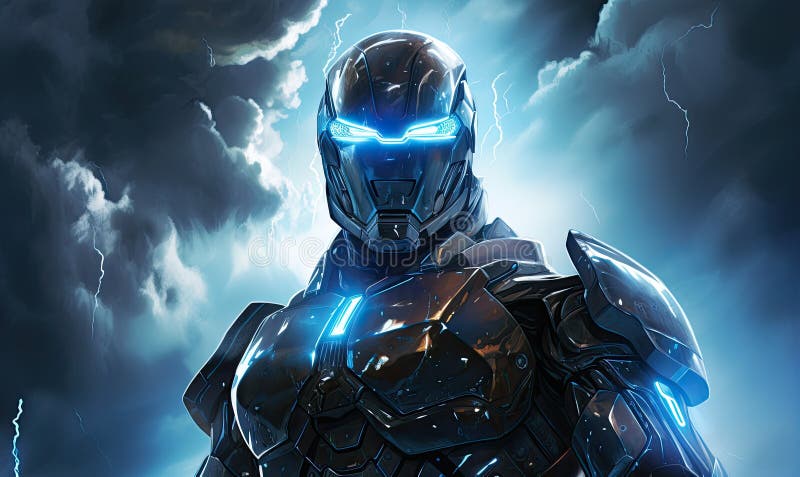 Photo of a Robot Standing in Front of a Dramatic Lightning Storm Stock ...