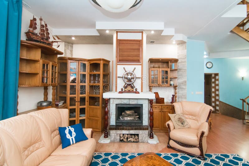 The Photo of the Room in Sea Style with a Fireplace Stock Image - Image ...