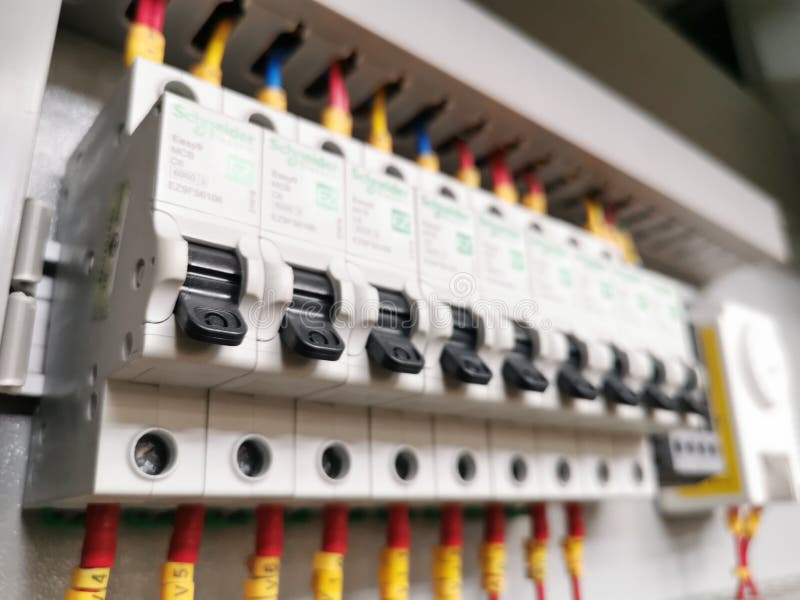 Photo a Row of Miniature Circuit Breakers in Electrical Cabinet ...