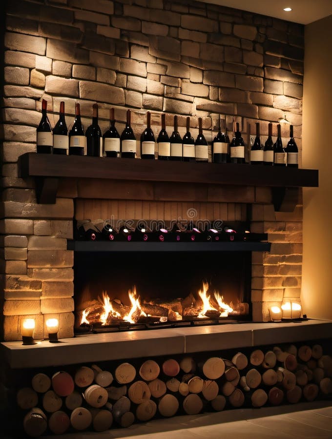 Photo of Rows of Wine Bottles on a Wall Behind a Fireplace. Generative ...