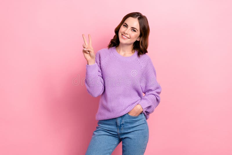 Photo Of Satisfied Adorable Woman With Wavy Hairstyle Wear Knit Sweater