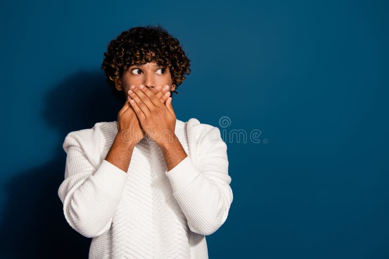Photo of Scared Afraid Guy Dressed White Pullover Arms Close Mouth ...
