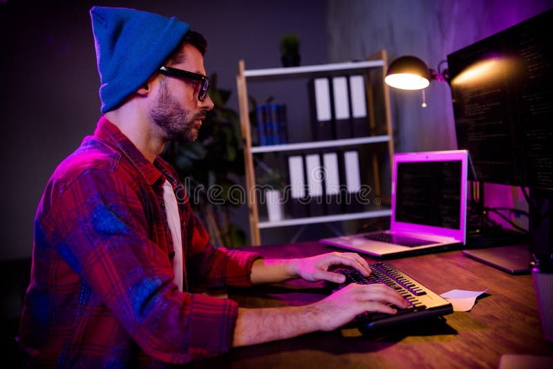 Photo of Serious Confident Coder Dressed Hat Glasses Typing Modern ...