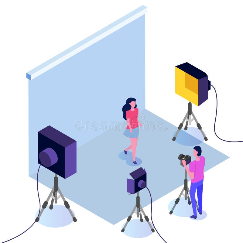 Photo Session Isometric, Studio with Spotlights and Man with Camera ...