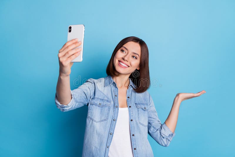Photo Of Shiny Cute Lady Dressed Denim Shirt Tacking Selfie Gadget Arm