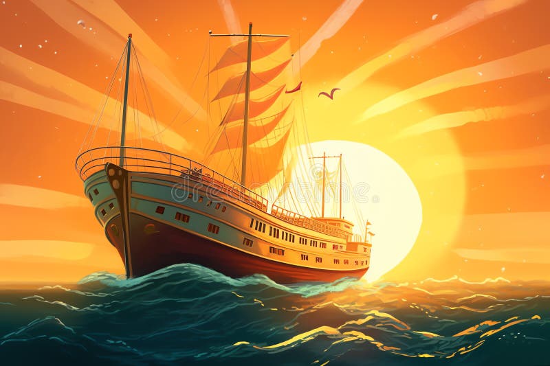 A Ship Sail in Sun Set Ocean Ai Generated Stock Illustration ...