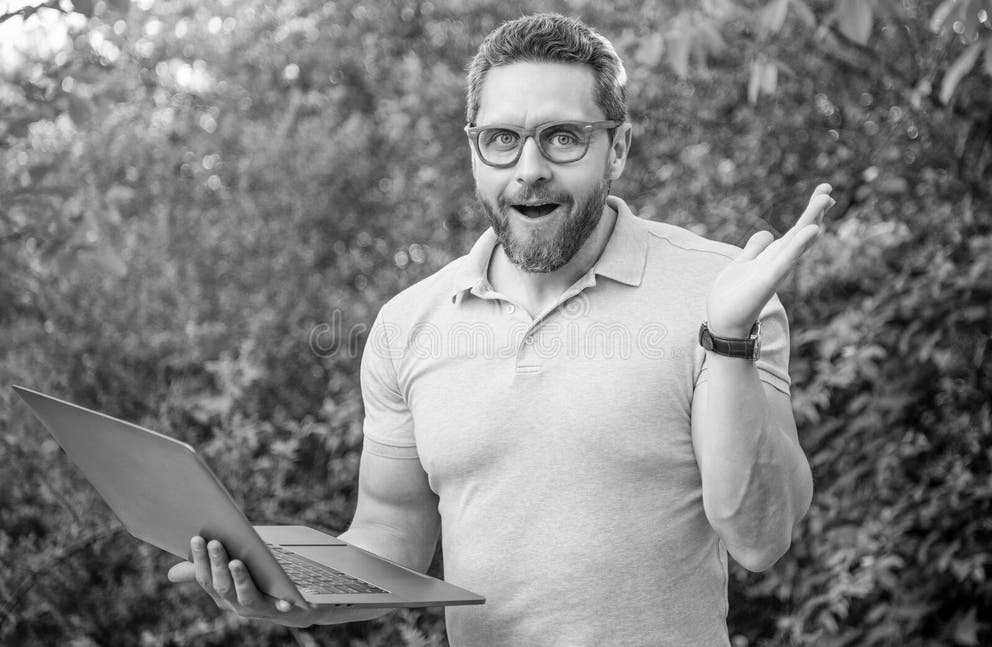 Photo of Shocked Programmer Man Online on Computer. Programmer Man ...