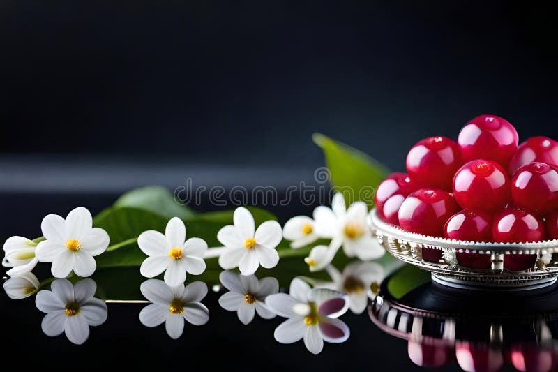 Red Ruby Shining, and White Jasmine on Black Table Stock Illustration ...