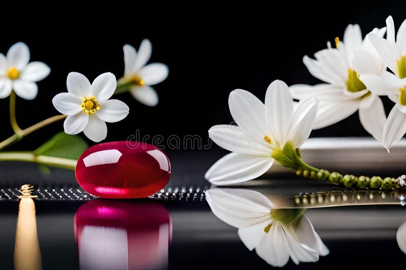 Red Ruby Shining, and White Jasmine on Black Table Stock Illustration ...