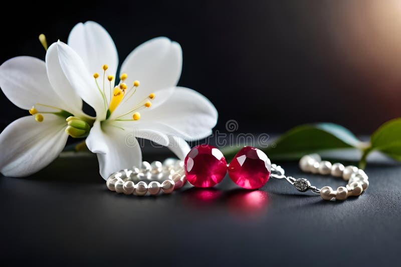 Red Ruby Shining, and White Jasmine on Black Table Stock Illustration ...