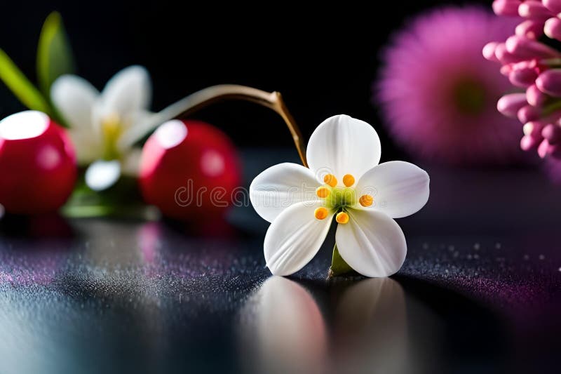 Red Ruby Shining, and White Jasmine on Black Table Stock Illustration ...