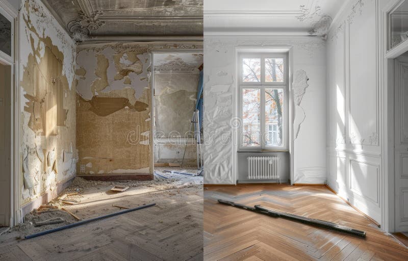 A before and after Photo Showcasing a Room Undergoing Remodeling Stock ...