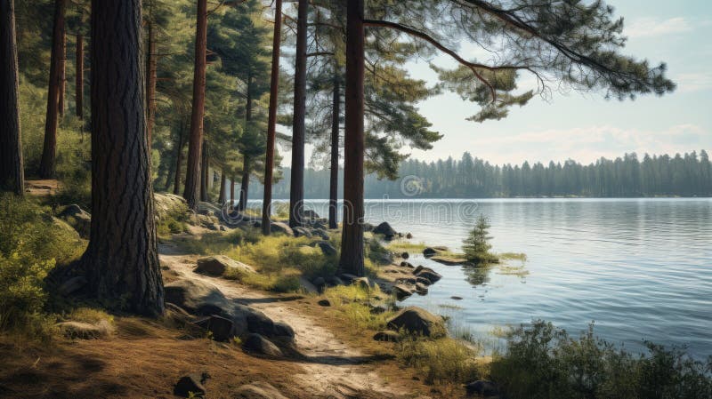 Tranquil Forest and Lakes: Vray Tracing with Realistic Textures Stock ...