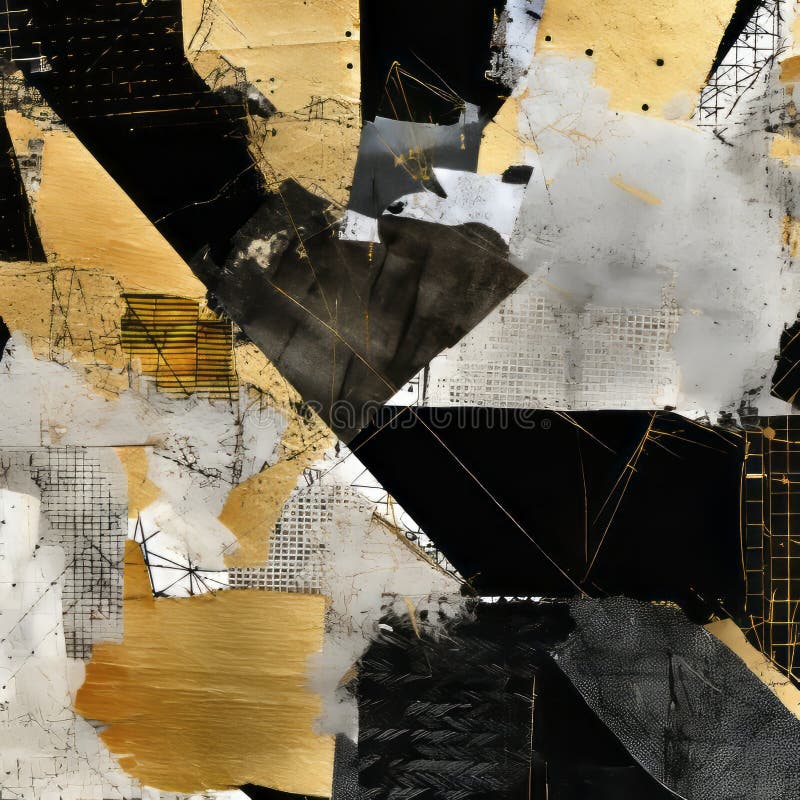 Black and Gold Abstract Ink Splatter Painting with Fragmented Geometry ...