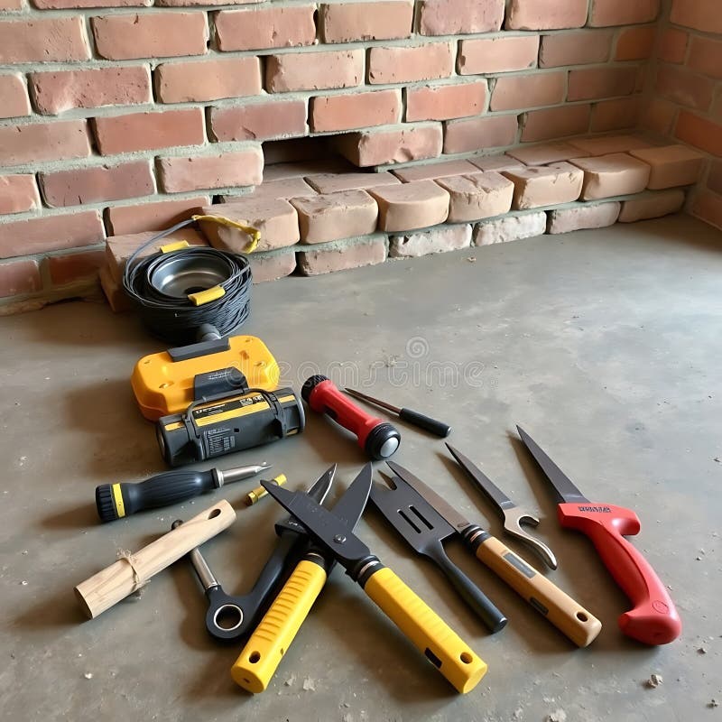 A Photo Showing a Bricklayer Tools Lying on a Concrete Floor with ...