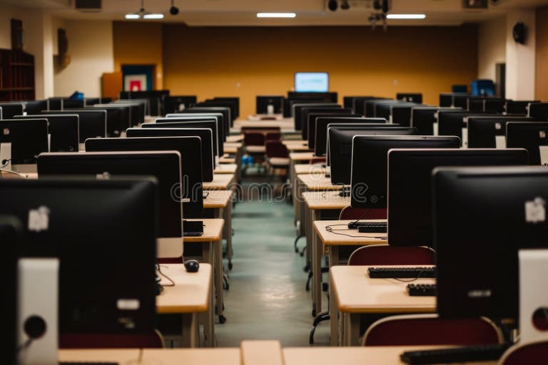 A Photo Showing Multiple Rows of Computer Desks Neatly Arranged in a ...