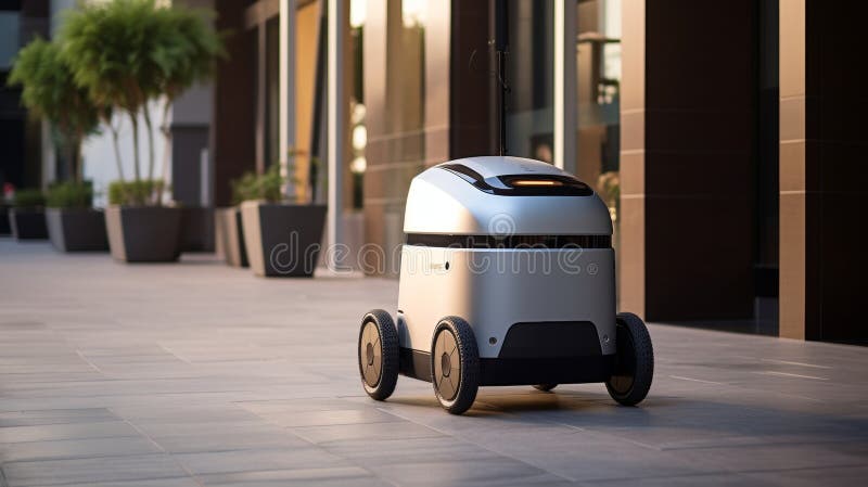 The Photo Shows a Compact, Autonomous Delivery Robot with a Polished ...