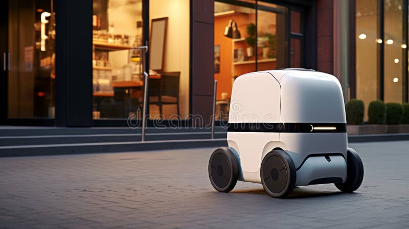 The Photo Shows a Compact, Autonomous Delivery Robot with a Polished ...