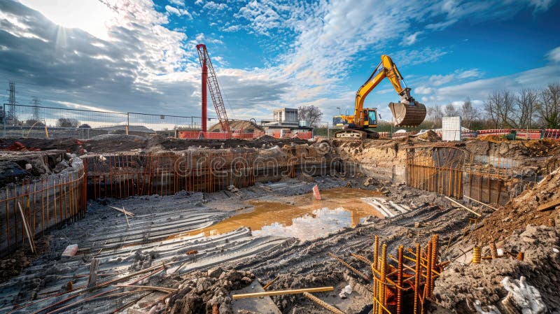 Digging the Pit Foundation a Hole with Excavator at the Construction ...