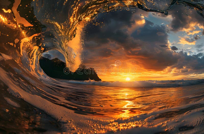 Golden Sunset Inside Ocean Wave Stock Illustration - Illustration of ...
