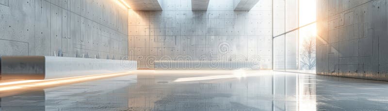 The Photo Shows a Long, Concrete Room with Bright Lights Shining ...