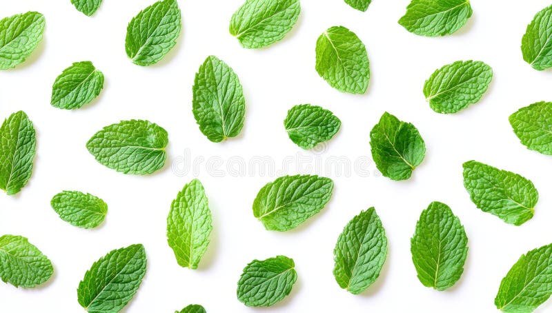 The Photo Shows a Repeating Pattern of Fresh Mint Leaves on a White ...