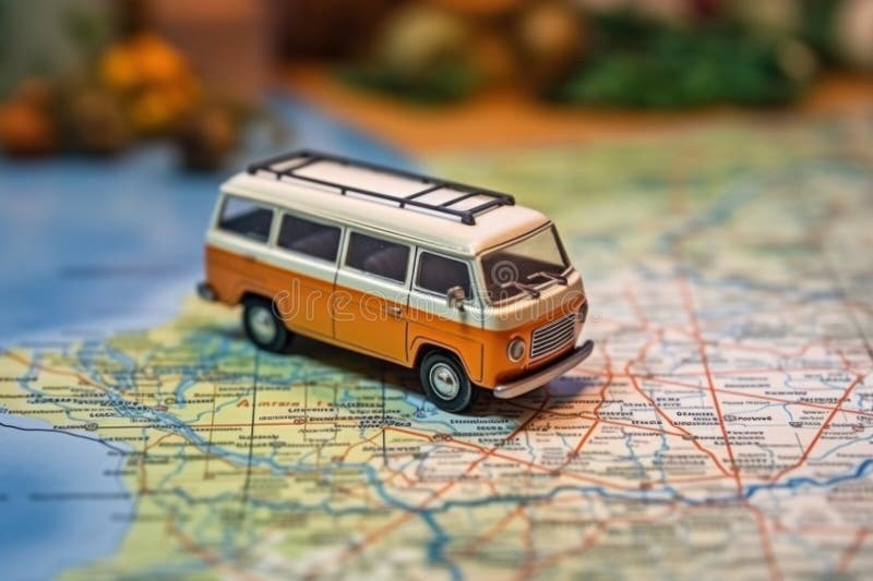 Photo of Small Van Car Model on the Map Paper Stock Illustration ...