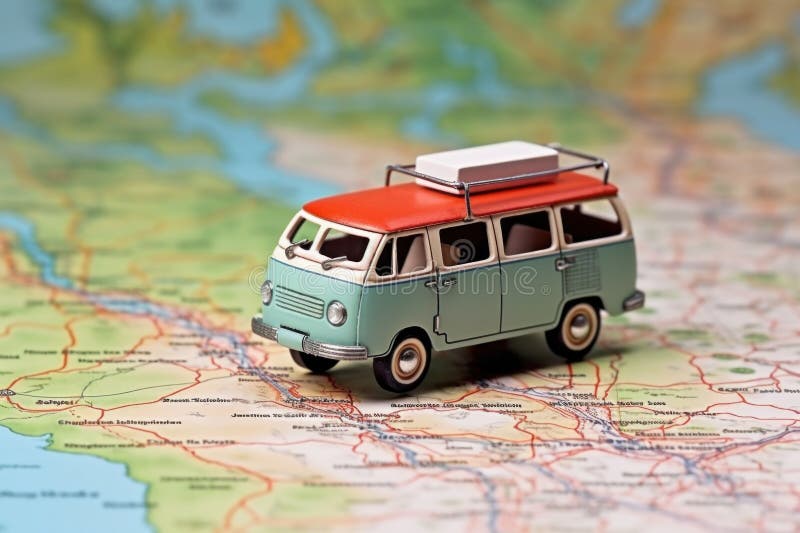Photo of Small Van Car Model on the Map Paper Stock Illustration ...
