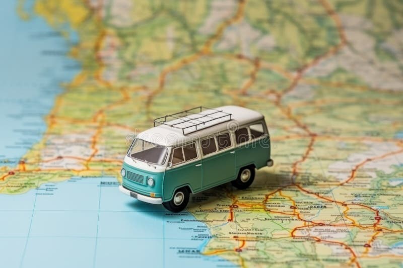 Photo of Small Van Car Model on the Map Paper Stock Illustration ...