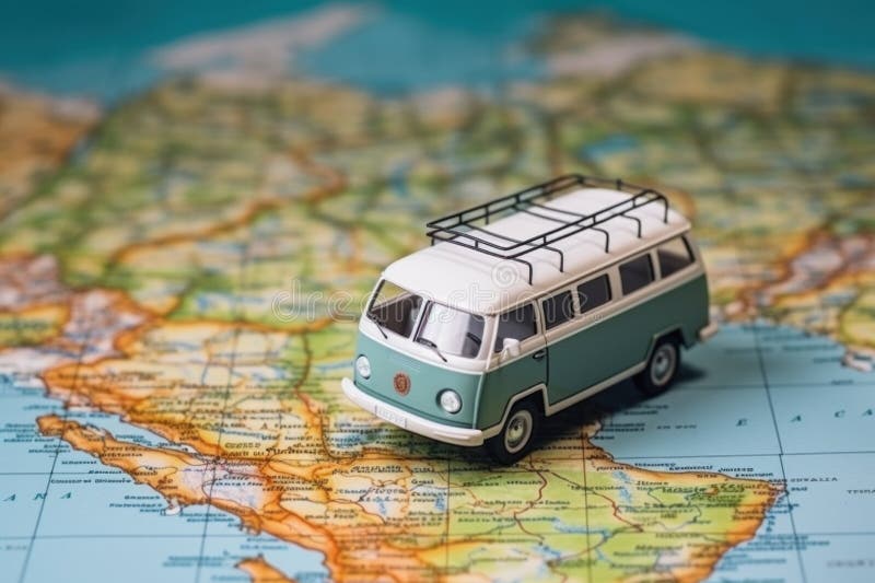 Photo of Small Van Car Model on the Map Paper Stock Illustration ...