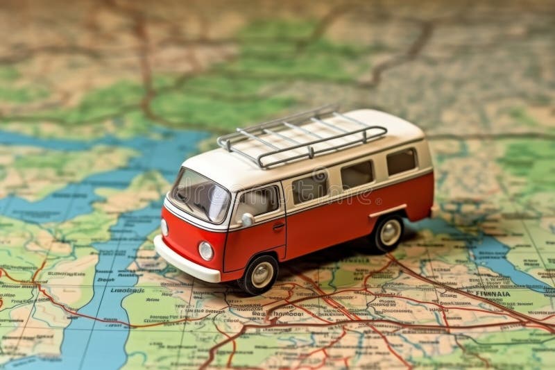 Photo of Small Van Car Model on the Map Paper Stock Illustration ...