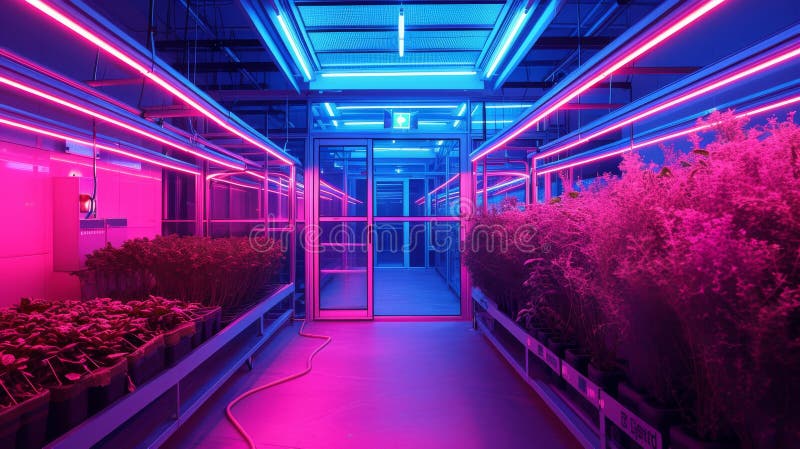 Neon-Lit Indoor Garden with Hydroponic Plants Stock Photo - Image of ...