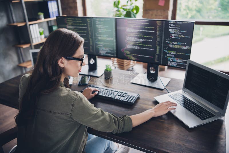 Photo of Smart Lady Nerd Working Startup Site Program Typing Key Words ...