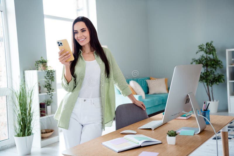 Photo of Smiling Adorable Positive Lady Employer Wear Shirt Typing ... Photo of Smiling Adorable Positive Lady Employer Wear Shirt Typing ...