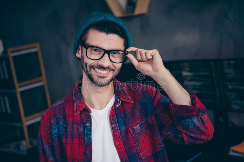 Photo of Smiling Cheerful Coder Dressed Hat Glasses Creating Good ...