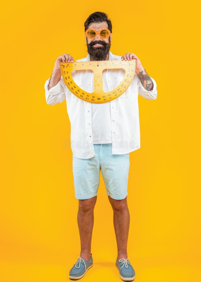 Photo of Smiling Man with Geometry Protractor. Man with Geometry ...