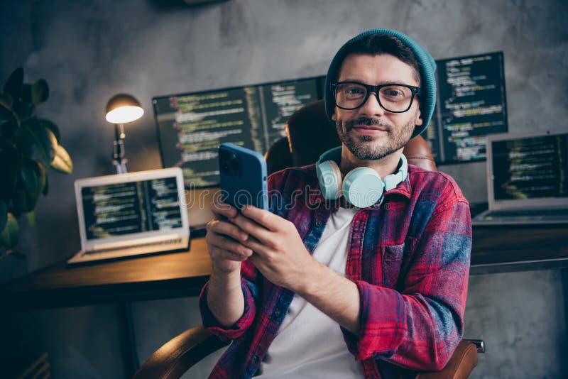 Photo of Smiling Positive Coder Dressed Hat Glasses Headphones Creating ...