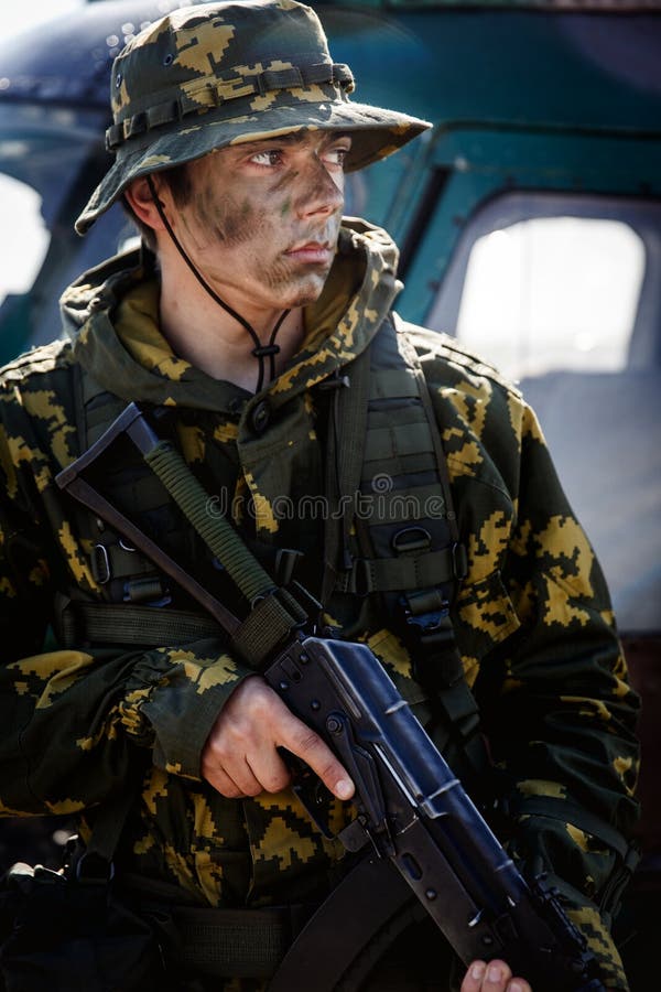 Photo of a Soldier with an Automatic Rifle Stock Image - Image of fire ...