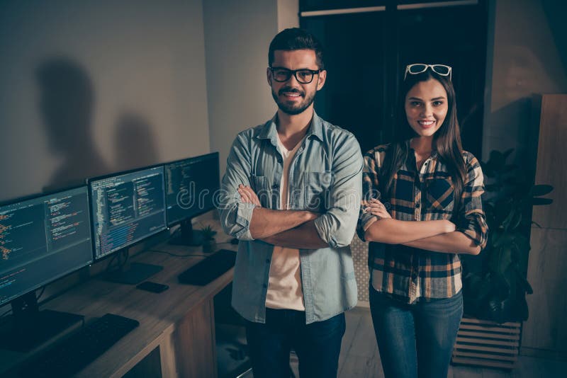 Photo of it Specialist Guy Lady Two Business People Night Coworking ...