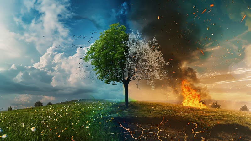 The Tree in the Middle of the Photo is Divided in Half. One Half Shows ...