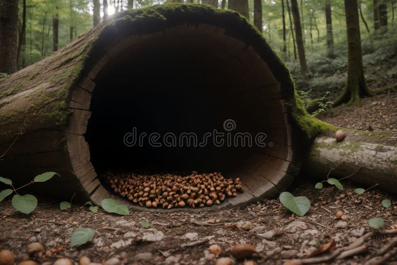 Squirrels Acorn Stash Hidden in a Hollow Log Stock Illustration ...
