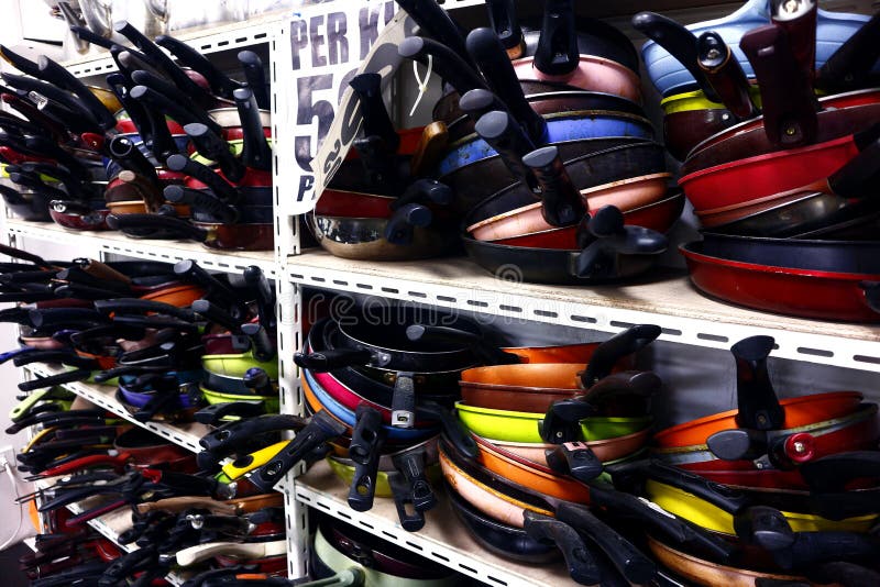 Assorted Colorful Ceramic and Steel Cooking Pans Stock Photo - Image of ...