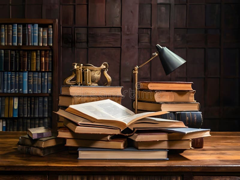 Pile of Books on the Library Table Stock Illustration - Illustration of ...