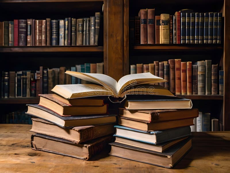 Pile of Books on the Library Table Stock Illustration - Illustration of ...