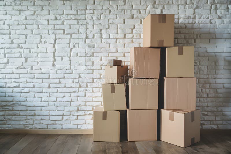 Photo Stack of Cardboard Boxes Against White Brick Wall, Logistic Theme ...