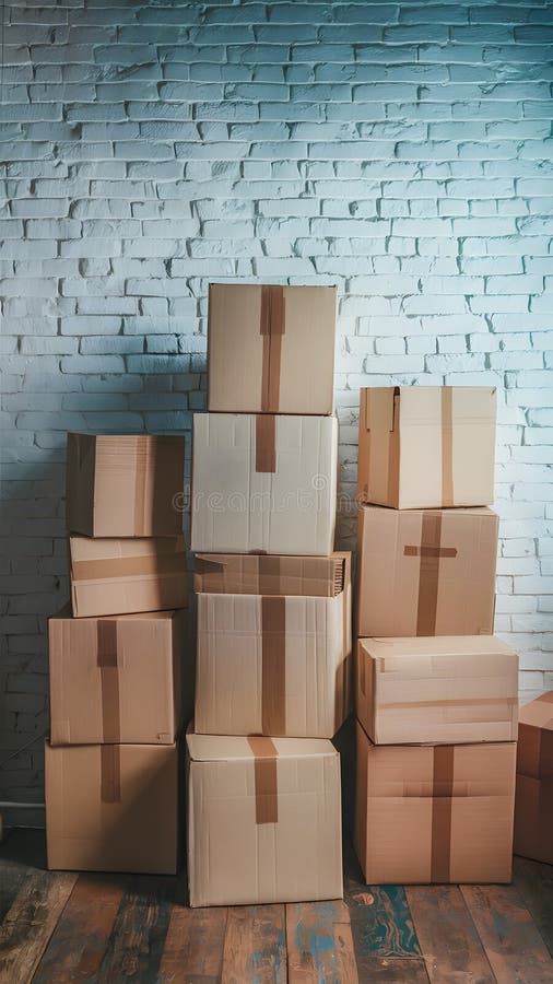 Photo Stack of Cardboard Boxes Against White Brick Wall, Logistic Theme ...