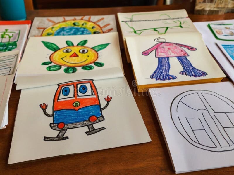 A Stack of Children S Drawings on the Table. Stock Illustration ...